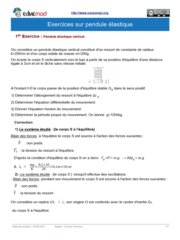 Exercices sur pendule élastique | PDF