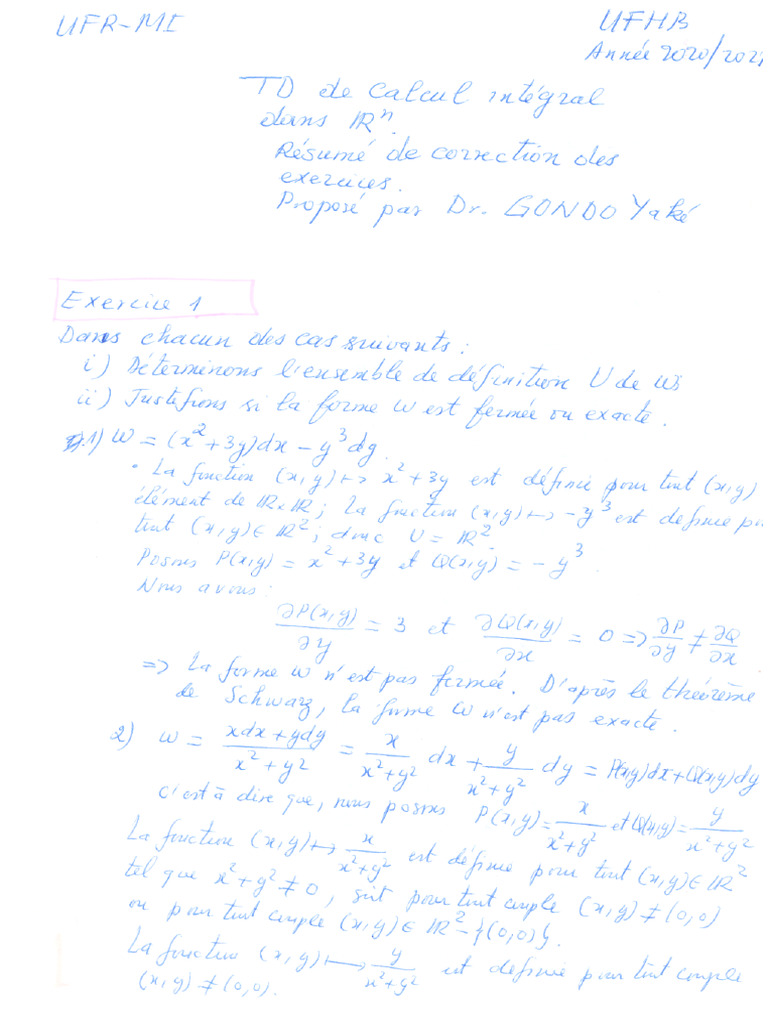 MI&Résumé Des Corrections Des Exercices de TD de Calcul Intégral Dans RN - Année 2020-2021 | PDF