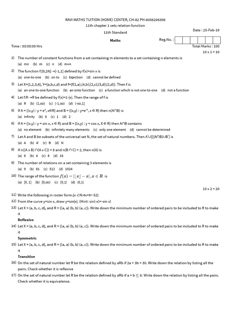 Namma Kalvi 11th Maths Chapter 1 Question Paper | PDF