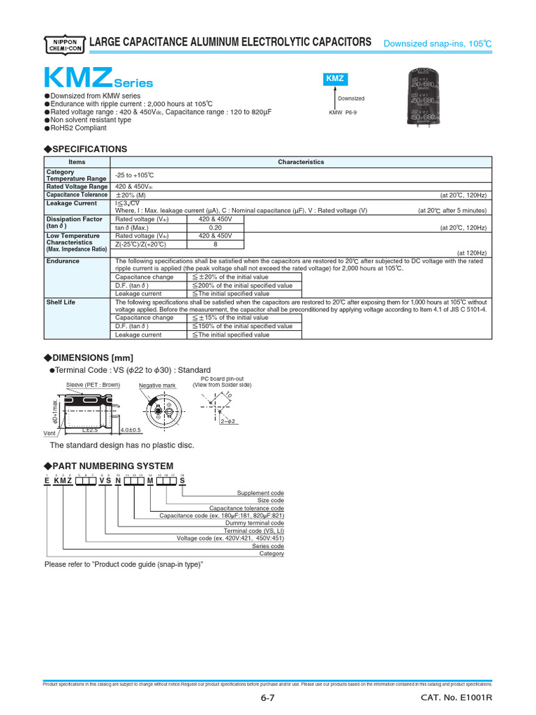 KMZ Series Capacitor Specifications | PDF | Capacitor | Voltage