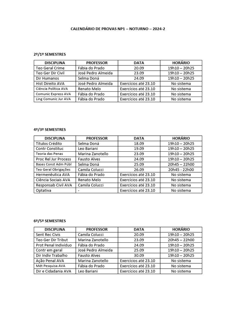 Calendário Provas NP1 - 2024-2 | PDF