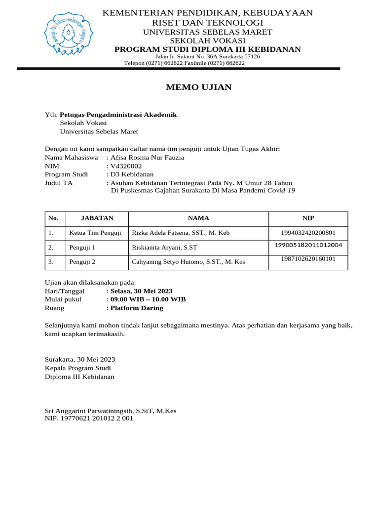 Draft Memo Ujian | PDF
