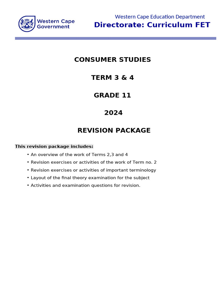 GR11 Consumer Studies Revision Pack Term 3 - 4 - 2024 Final | PDF