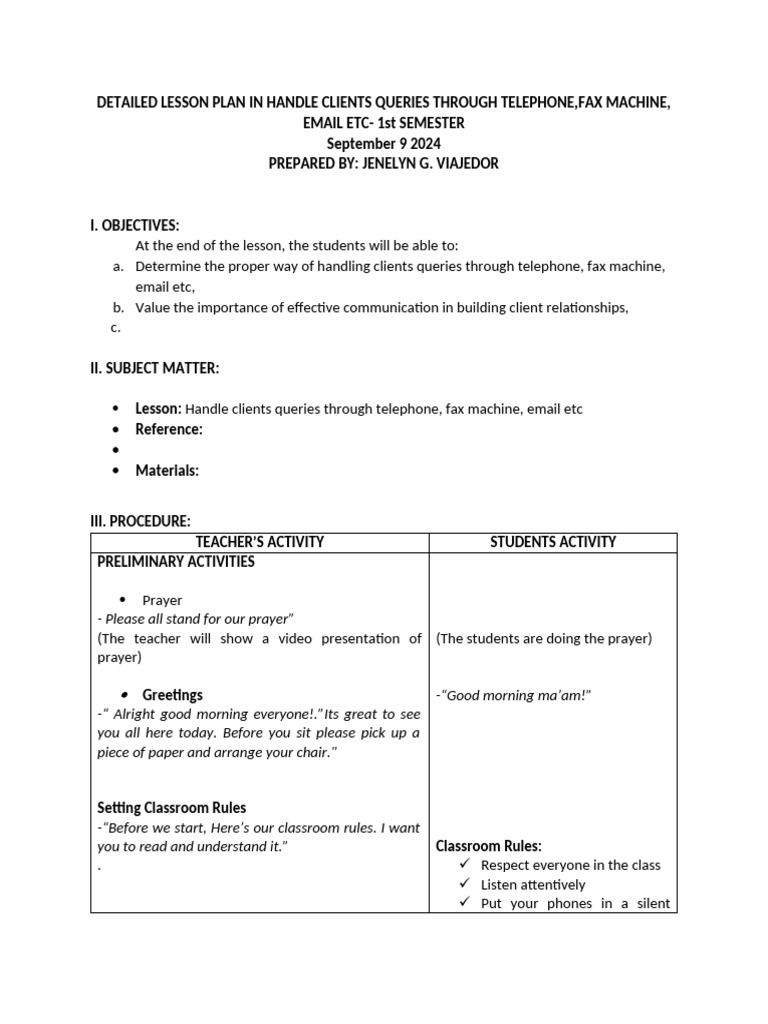 Detailed Lesson Plan in Handle Clients Queries Through Telephone, Fax ...