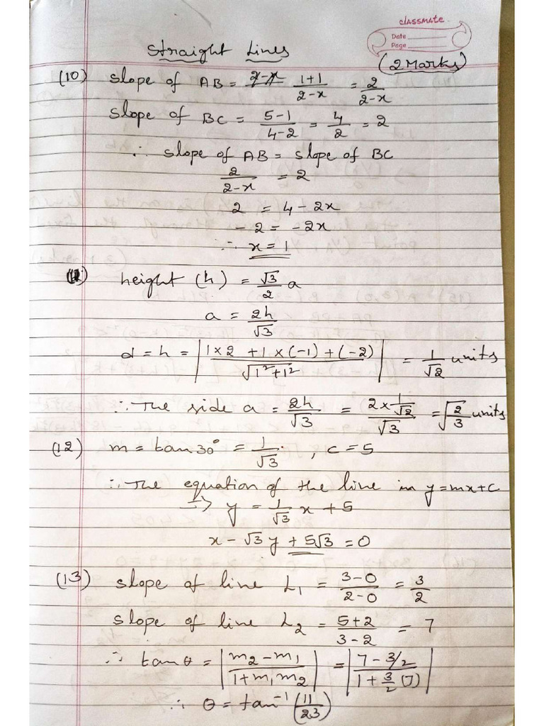Straight Lines WS Answer Key 2024-25 | PDF
