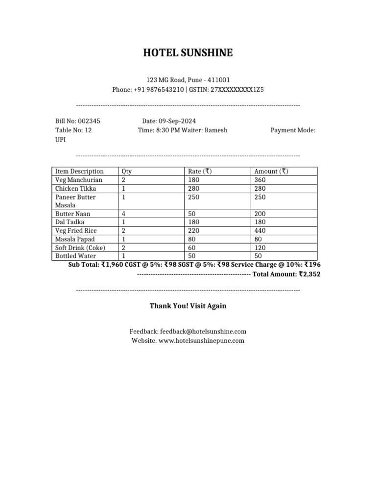 Hotel Bill Sample | PDF