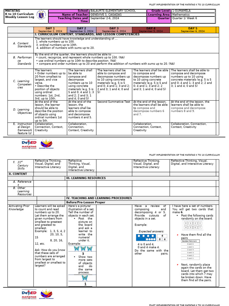 G1 Q1 DLL Week 6 Mathematics | PDF | Curriculum | Language Arts ...