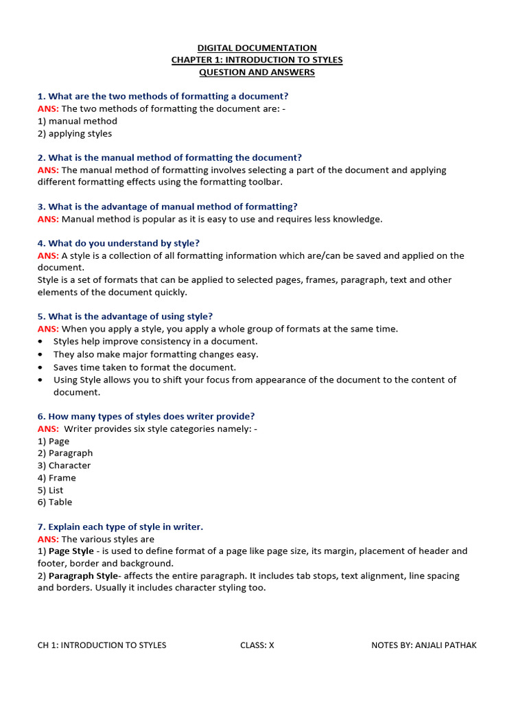 CH1_STYLES_QUES_ANS | PDF CH1_STYLES_QUES_ANS | PDF