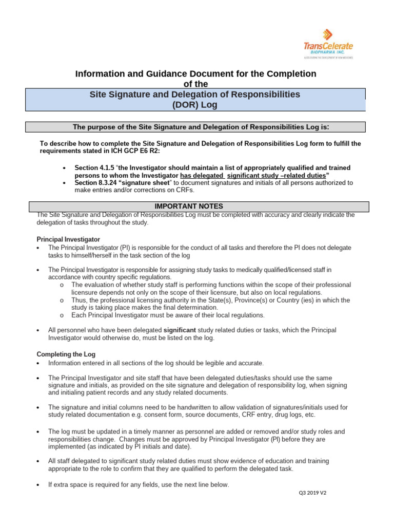 TransCelerate - Site Signature and Delegation of Responsibilities Log Guidance Document V2 ...