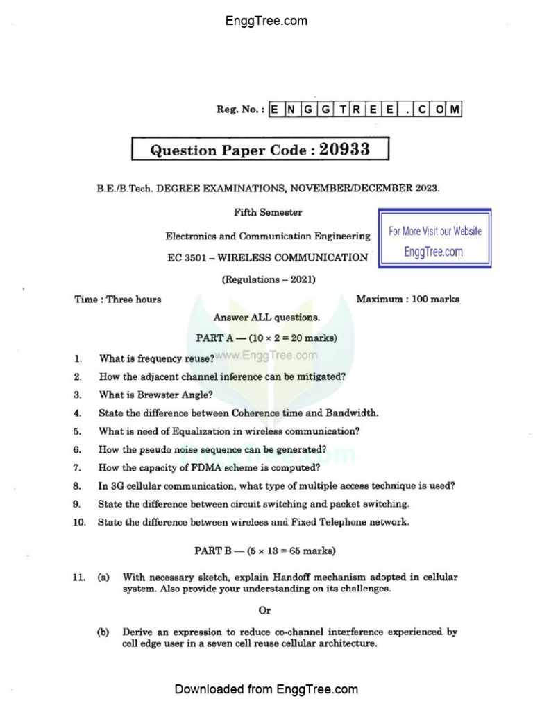 EC3501 Wireless Communication Nov Dec 2023 Question Paper Download | PDF