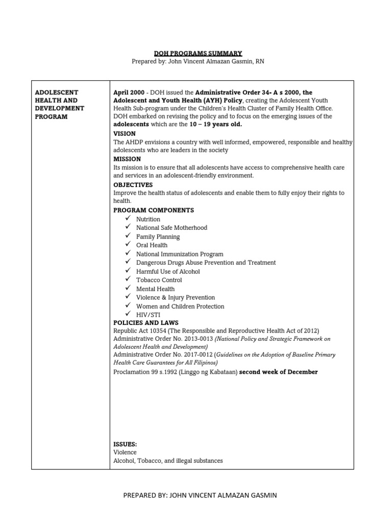 DOH PROGRAMS SUMMARY | PDF