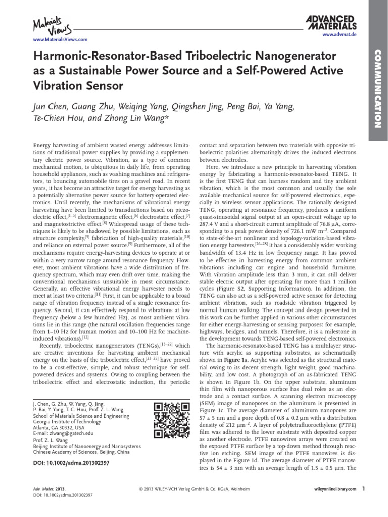 Harmonic-Resonator-Based Triboelectric Nanogenerator As A Sustainable Power Source and A Self ...