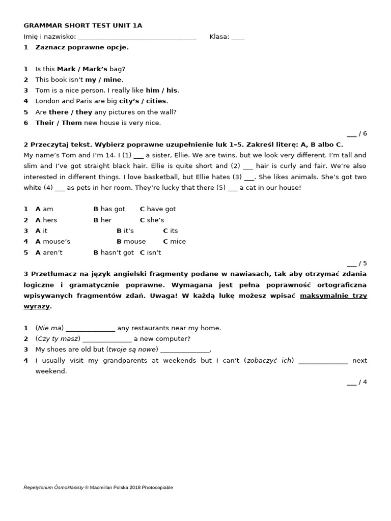 Grammar Short Test - Unit - 1A&1B | PDF