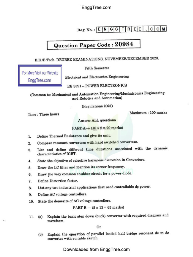 EE3591 Power Electronics Nov Dec 2023 Question Paper Download | PDF