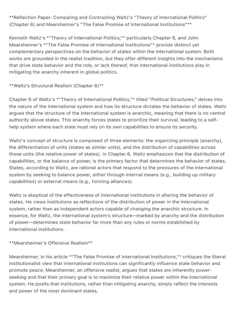 **Reflection Paper: Comparing and Contrasting Waltz's "Theory of ...