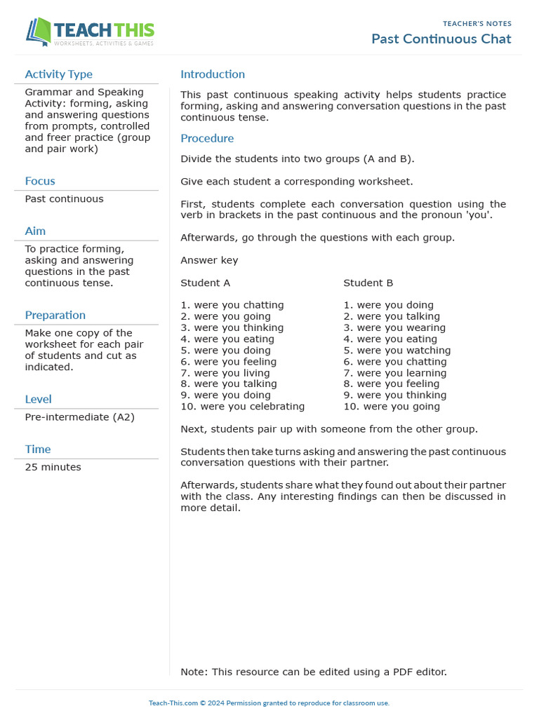 Class 2 - Past Continuous Chat | PDF