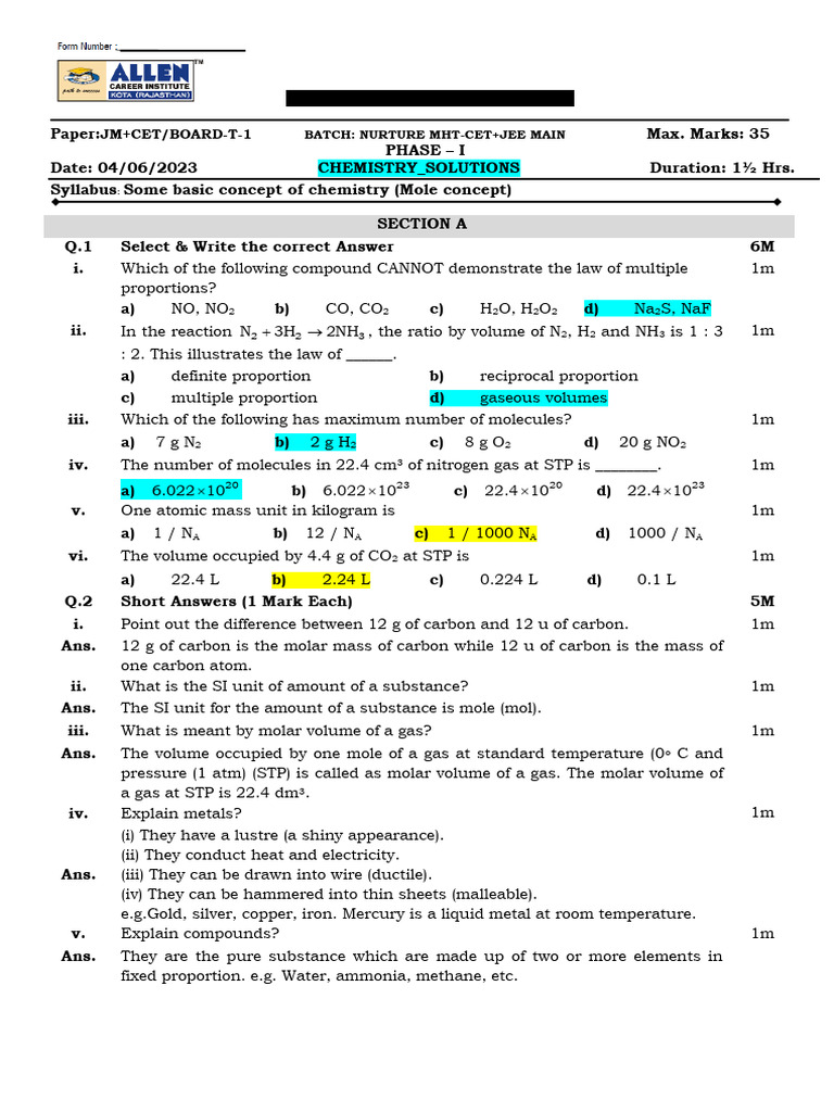 Nurture - Subjective Test - Chemistry Solutions-04-06-2023 | PDF