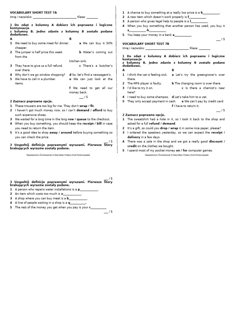 Vocab - Short Test - Unit - 7A&7B | PDF