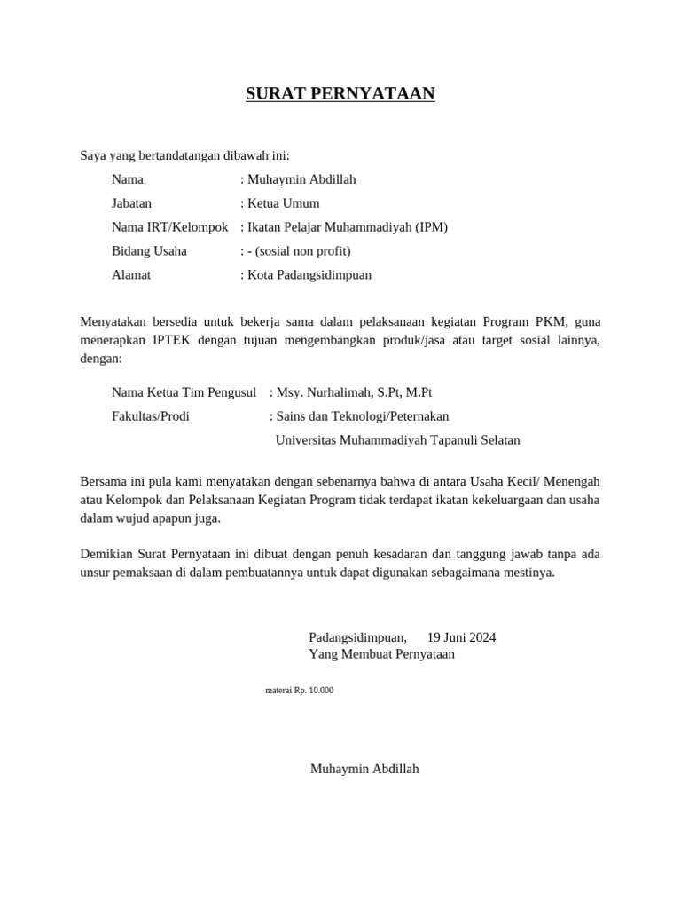 Surat Pernyataan PKM Ipm | PDF