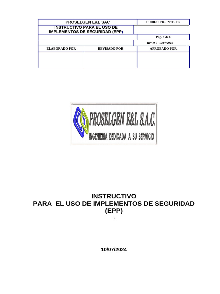 INST - 012 Instructivo para El Uso de Implementos de Seguridad EPP | PDF