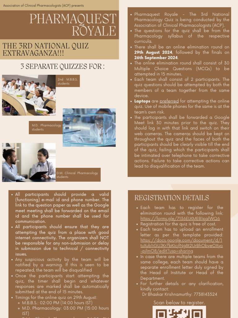 Pharmaquest Royale - 3rd National Pharmacology Quiz Brochure | PDF