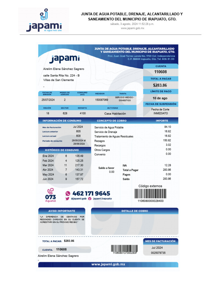 Recibo - JAPAMI - CuentaAgua - 110608 03-08-2024 11-52-28 | PDF | Agua ...