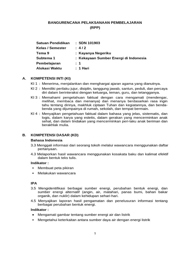 RPP SD Kelas 4 Tema 9 | PDF