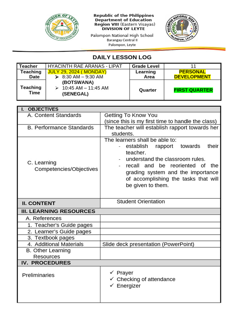 DLP - Day 1 - Class Orientation - PERSONAL DEVELOPMENT | PDF | Teachers ...