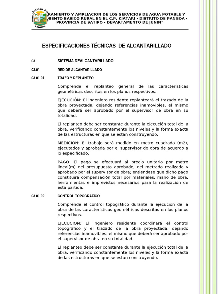 Especificaciones Tecnicas Alcantarillado | PDF