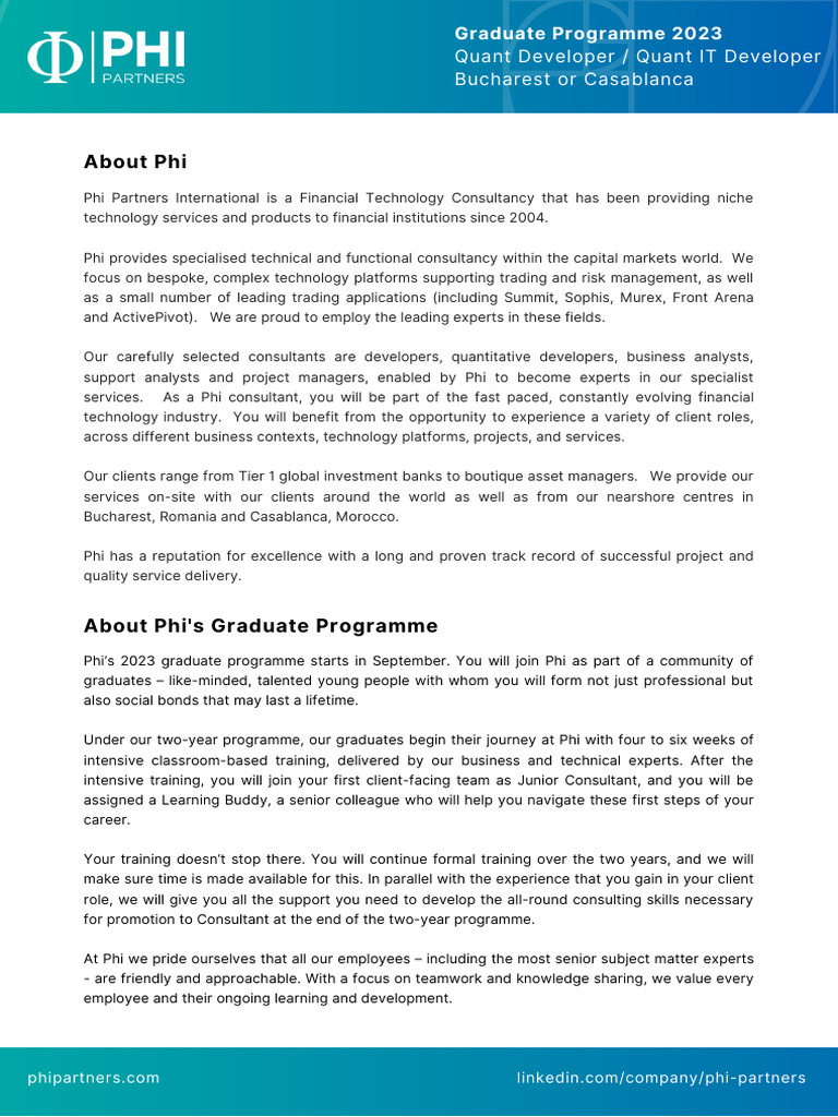 Phi GradProgramme 2023 Quant Developer Quant IT Developer | PDF