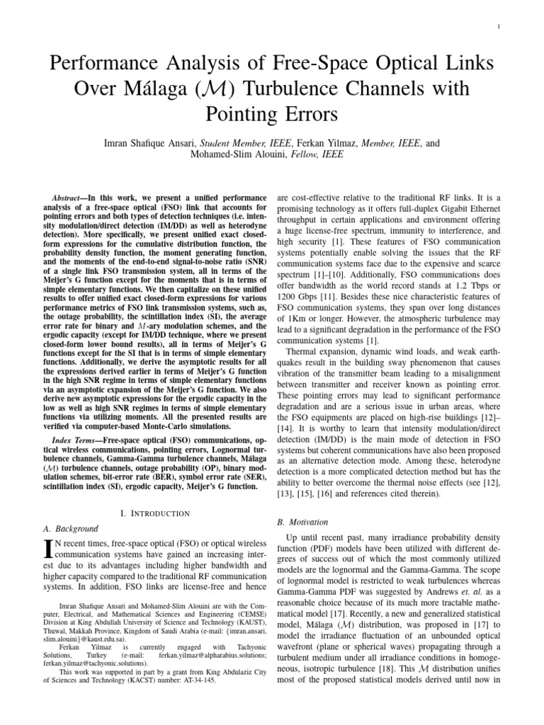 Performance Analysis of Free-Space Optical Links M-Turbulance | PDF