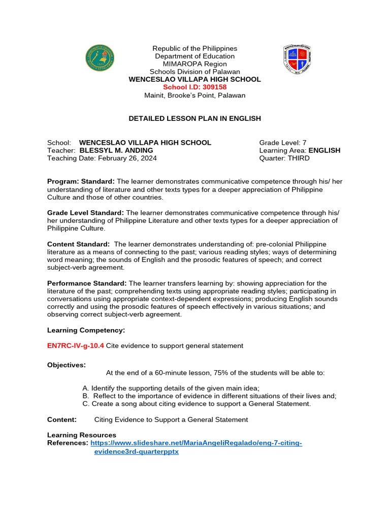 Lesson Plan For Grade 7 - Q-3 Module 5 | PDF