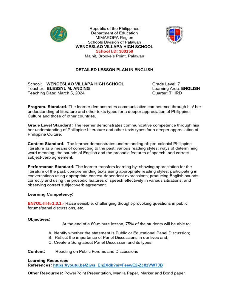 Lesson Plan For Grade 7 Q-3 Module 7-Panel Discussion | PDF | Lesson ...