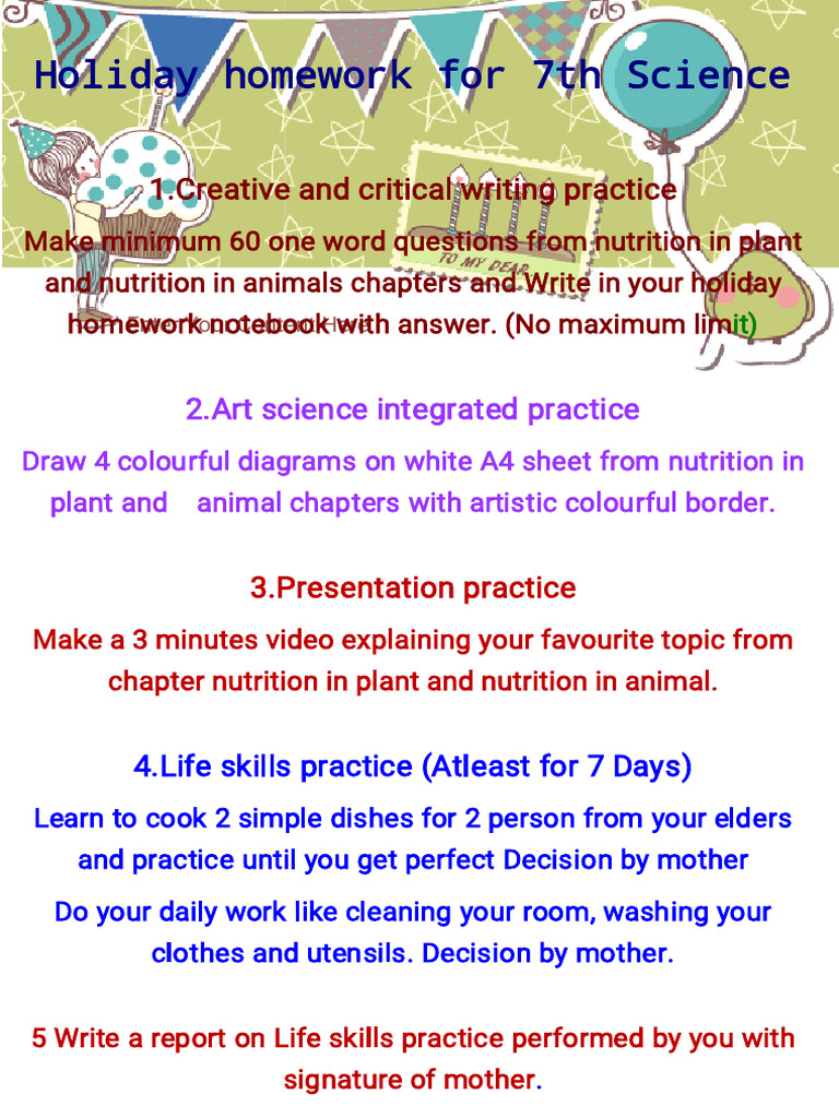 7th Science Holiday Homework | PDF