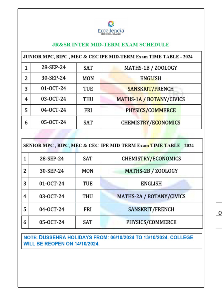 JR & SR Inter Mid-Term Exam Schedule | PDF