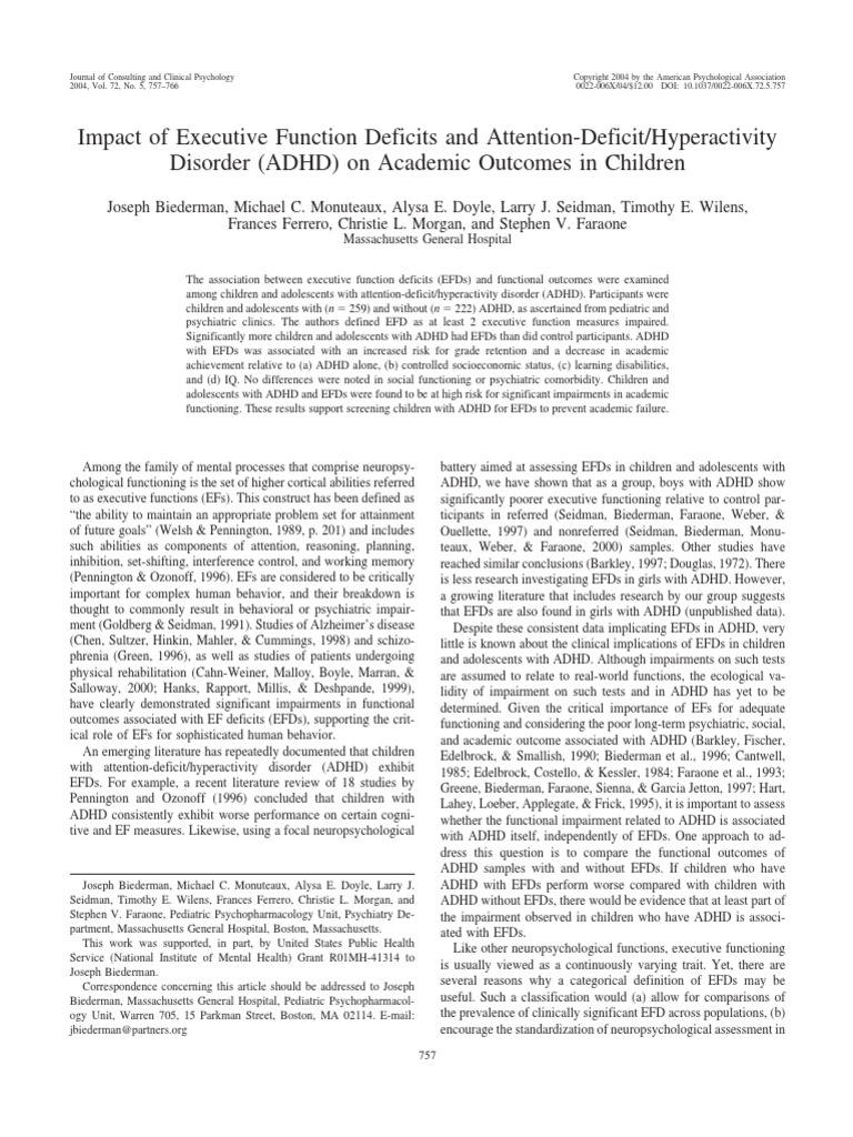 Impact of Executive Function Deficits and Attention-Deficit/Hyperactivity Disorder (ADHD) On ...