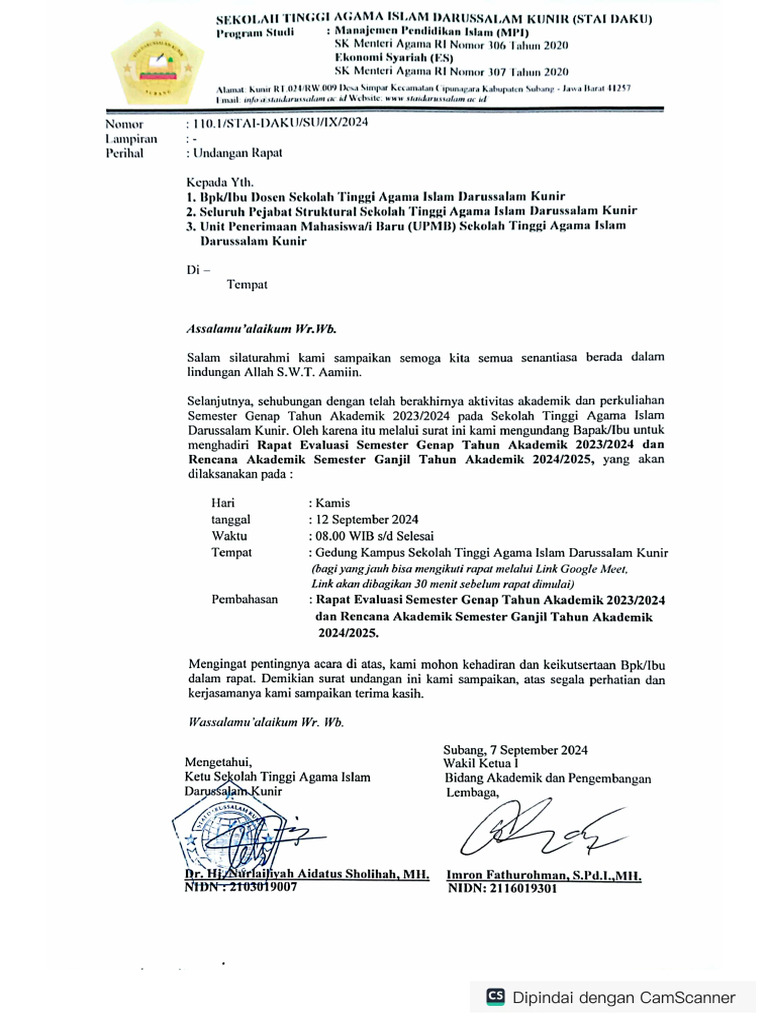 110.1 SURAT UNDANGAN RAPAT EVALUASI Perkuliahan Semester Genap TA. 2023-2024 Dan Persiapan ...