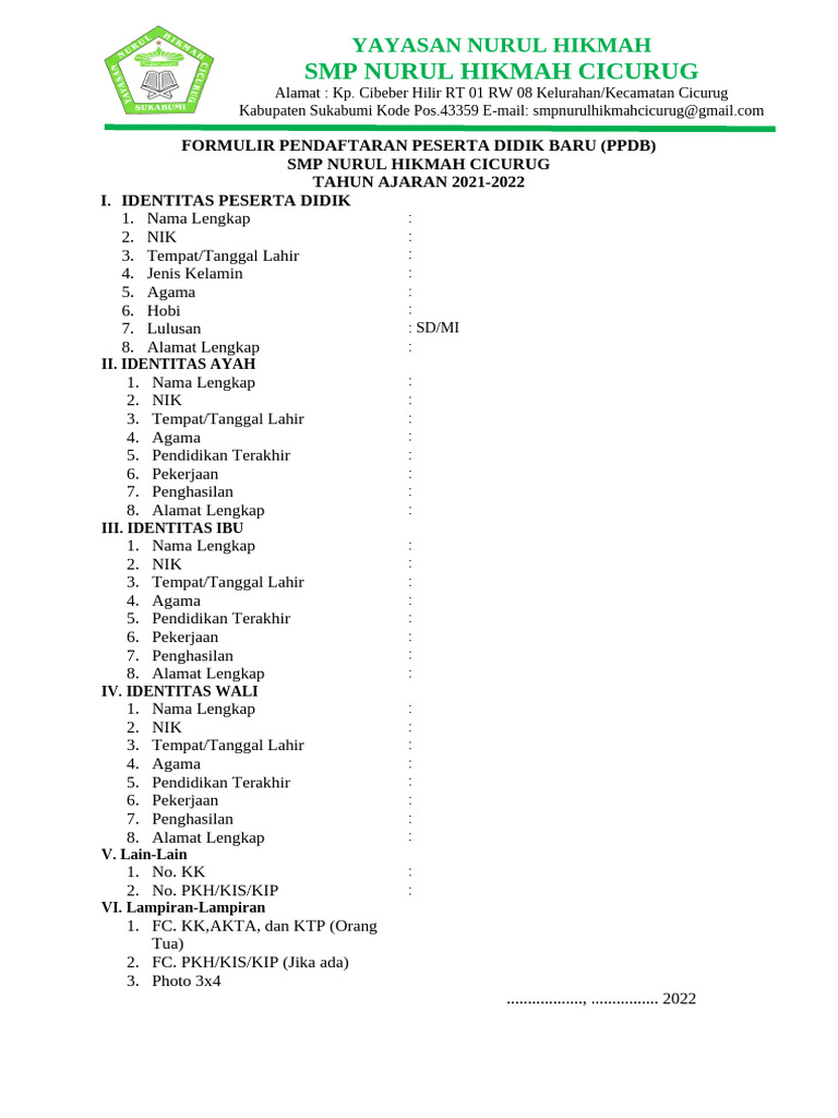 Formulir Pendaftaran Peserta Didik Baru SMP | PDF Formulir Pendaftaran Peserta Didik Baru SMP | PDF