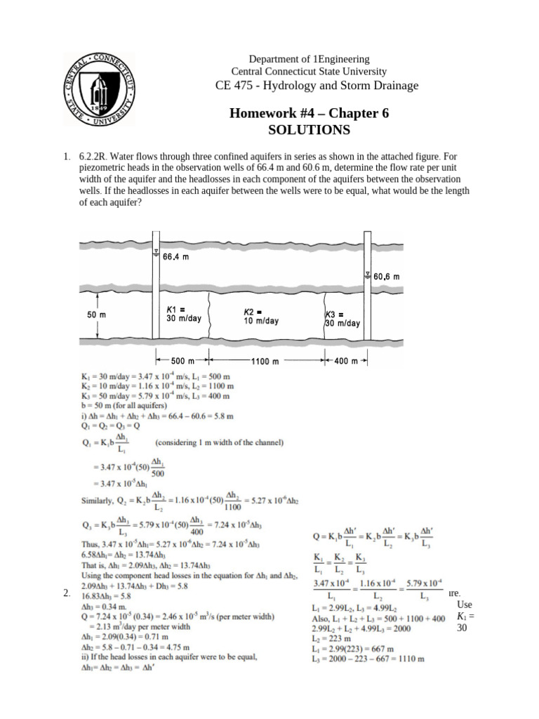 Solutions HW 4 Ground Water Flow Ch 6 | PDF