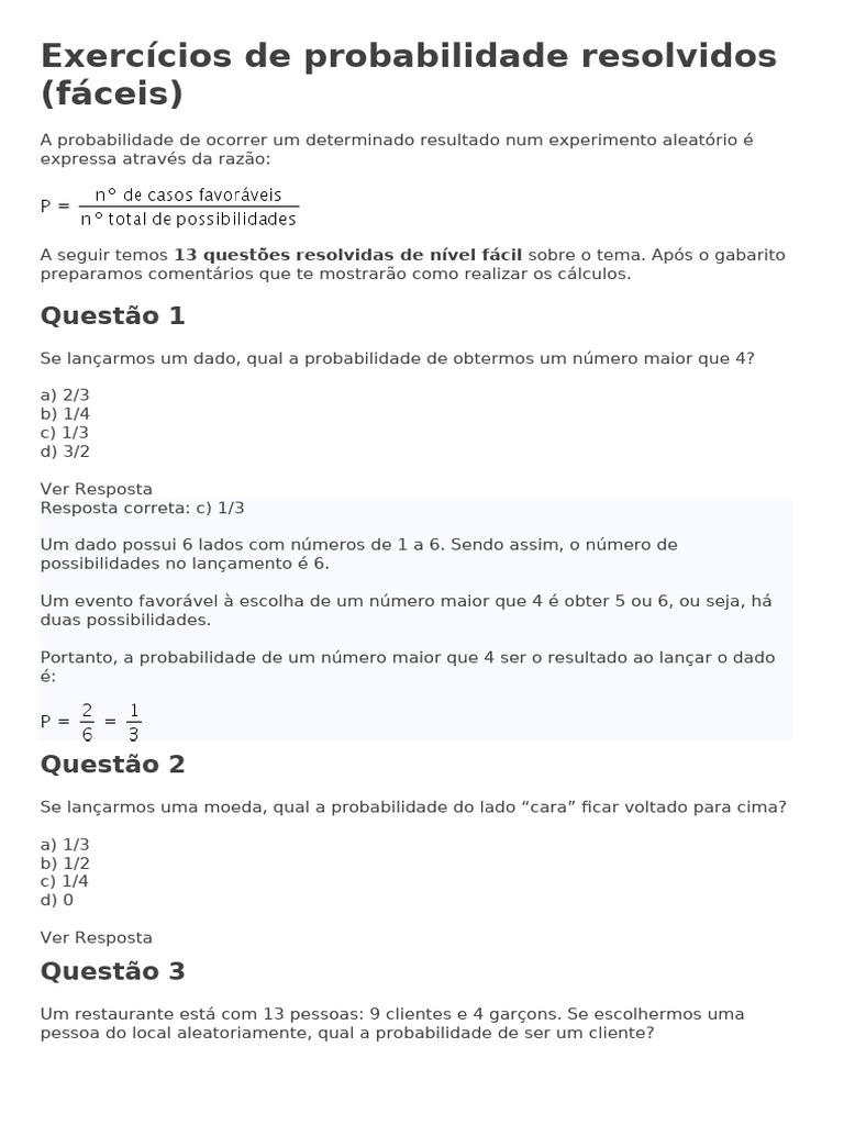 Exercícios de Probabilidade Resolvidos | PDF