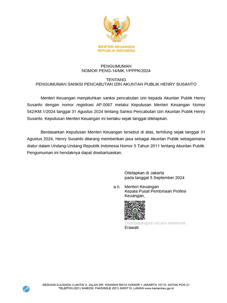 Sanksi Pencabutan Izin Praktik Pemimpin KAP Drs. Henry & Sugeng Akuntan ...