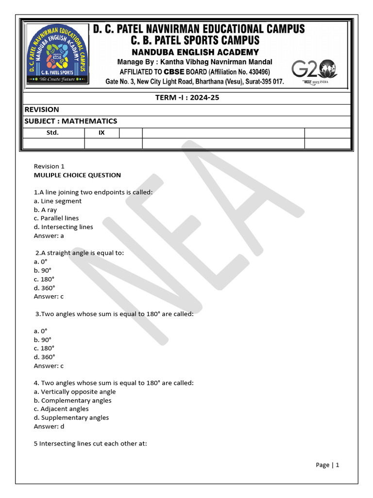 Term 1 Revision Sheet Maths Ix | PDF | Triangle | Rectangle