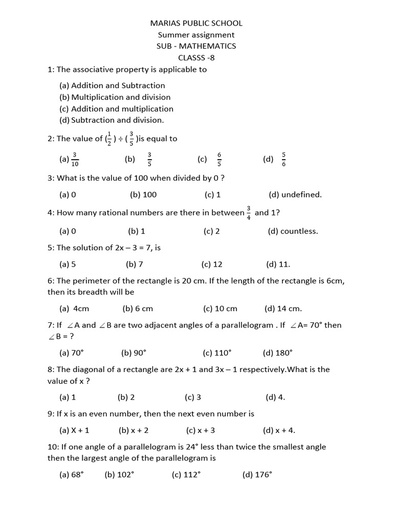 Class 8 Summer Assignment | PDF