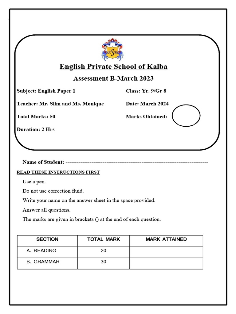 English Yr. 9 Assessment Paper | PDF | Space X | Teaching Methods ...