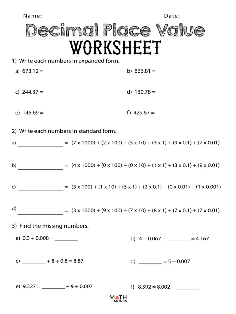 Decimal Place Value Worksheets 5th Grade | PDF