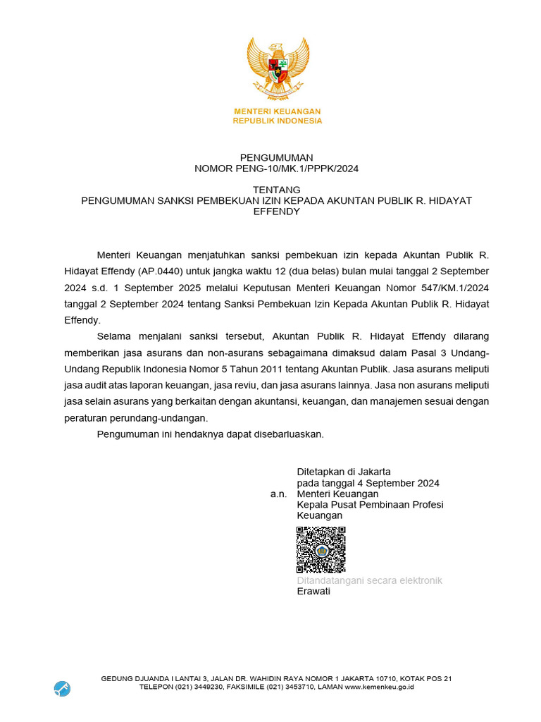 Sanksi Akuntan Publik R Hidayat Effendy KAP Drs R Hidayat Effendy AP ...