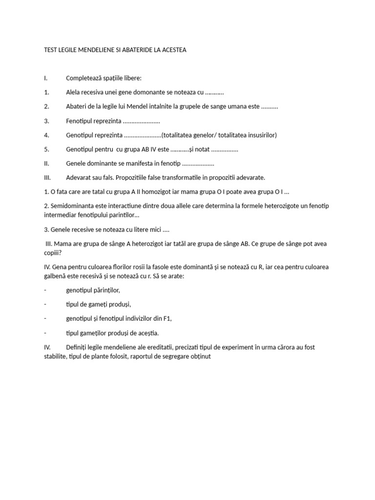 Test Legile Mendeliene Si Abateride La Acestea | PDF
