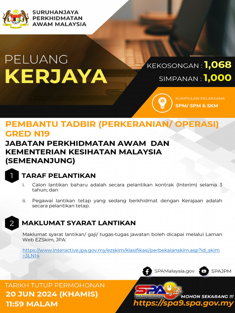 IKLAN SPA9 JPA KKM PembantuTadbir (PerkeranianOperasi) GredN19 | PDF