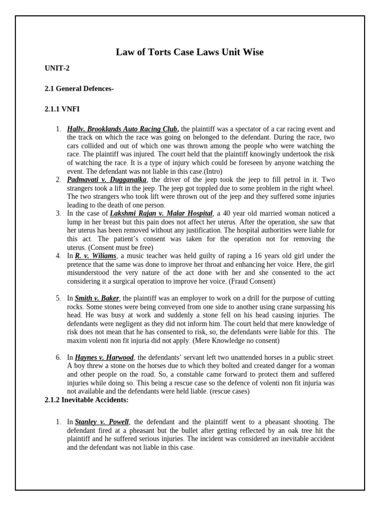 Law of Torts Case Laws Unit Wise | PDF