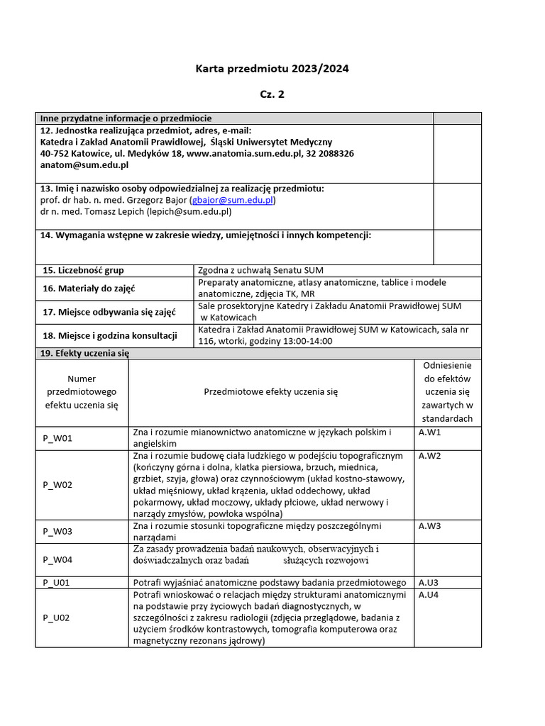 Sylabus Karta Przedmiotu Anatomia 2023-2024 cz.2 3.11.2023 R | PDF